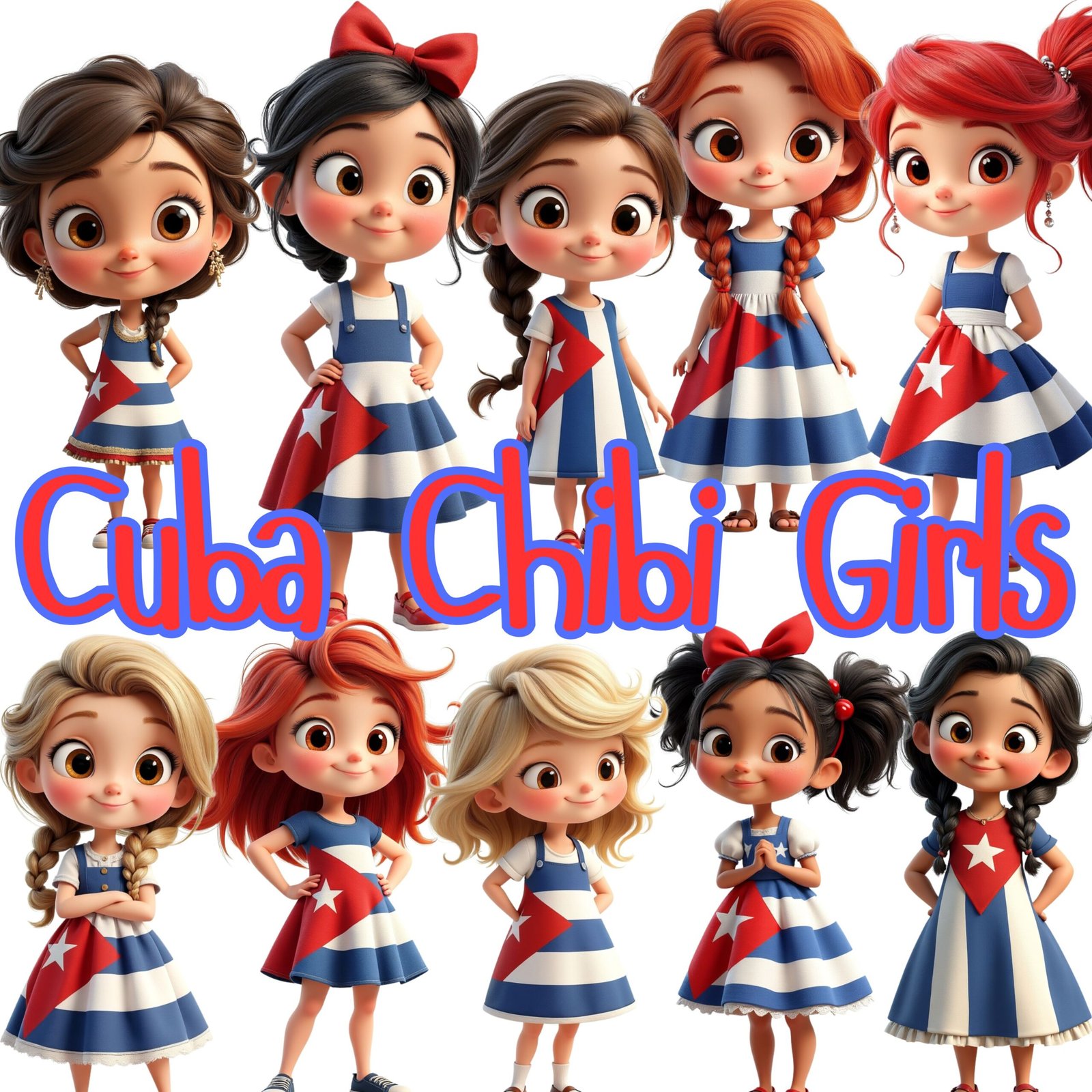 Cuba Chibi Girls Clip Art Bundle, 60 High-Resolution Copyright-Free ...